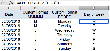 Display single letter Day of week in Excel | wmfexcel