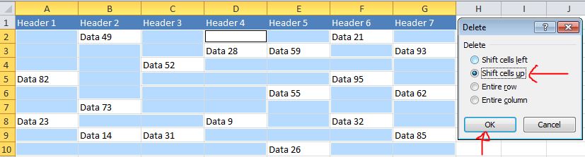 Move cells with data to the top | wmfexcel
